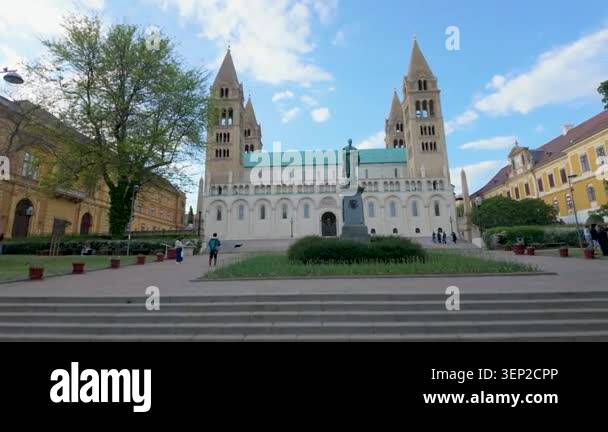 Pecs, Hungary May 1, 2026: Wide frontal view of Pecs Cathedral, one of ...