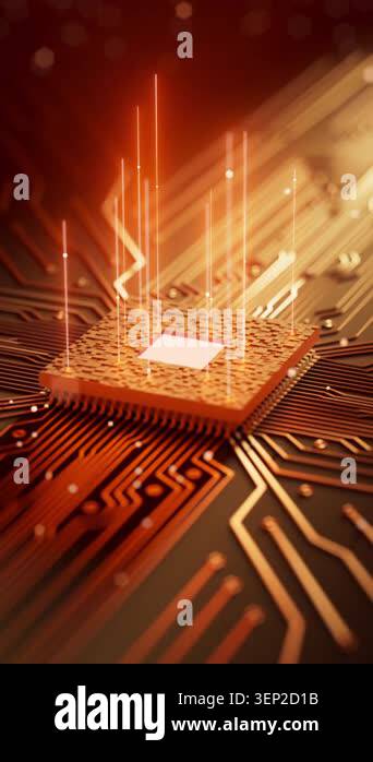 Seamless 3D loop animation of a glowing microchip with flowing data ...