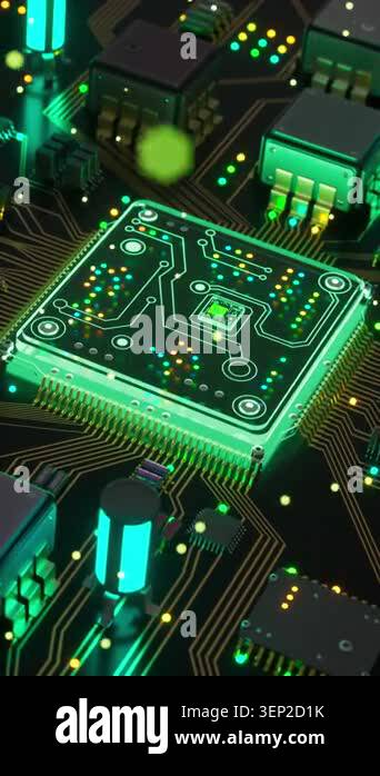 Advanced 3d animation showing a computer chip with glowing circuitry ...