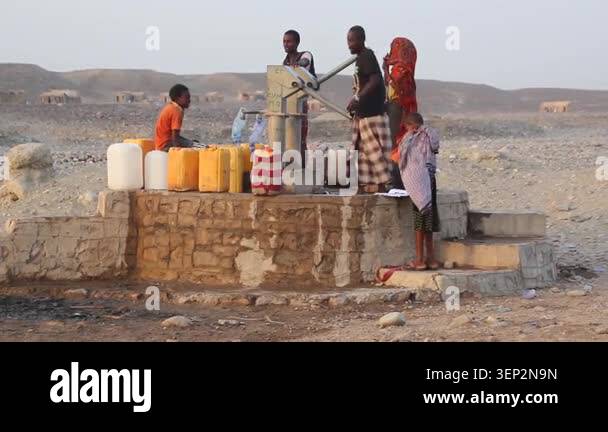 DANAKIL, ETHIOPIA - MARCH 25, 2019: Water pump in Hamed Ela, Afar tribe ...