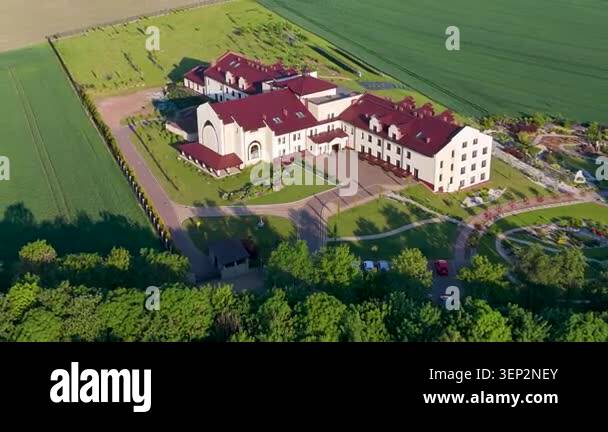 Aerial drone view of observation tower in Pietrowice Wielkie surrounded ...