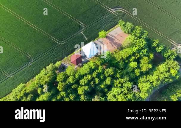 Aerial drone view of observation tower in Pietrowice Wielkie surrounded ...