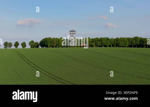 Aerial drone view of observation tower in Pietrowice Wielkie surrounded ...