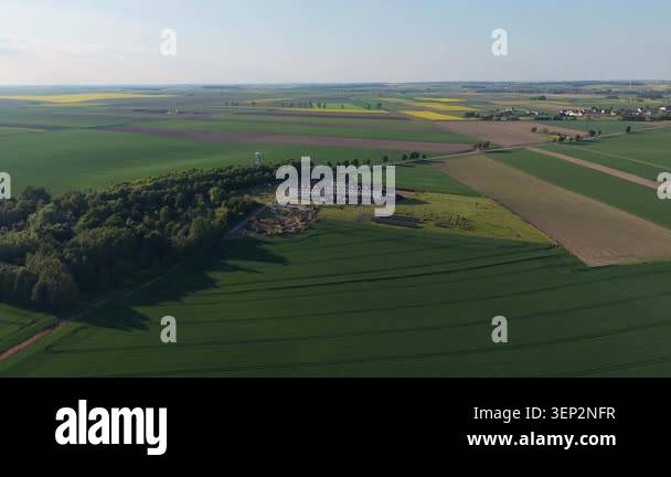 Aerial drone view of observation tower in Pietrowice Wielkie surrounded ...