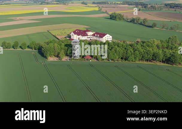 Aerial drone view of observation tower in Pietrowice Wielkie surrounded ...