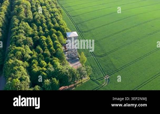 Aerial drone view of observation tower in Pietrowice Wielkie surrounded ...