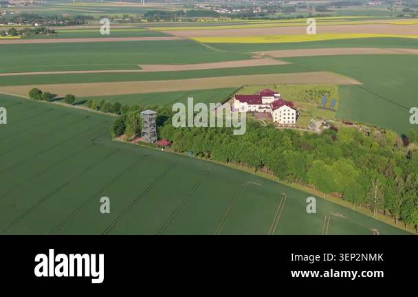 Aerial drone view of observation tower in Pietrowice Wielkie surrounded ...