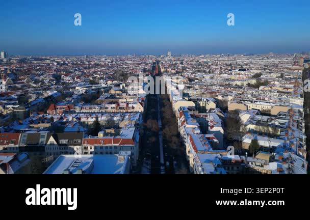 Aerial view of berlin city showing snow covered rooftops, buildings ...