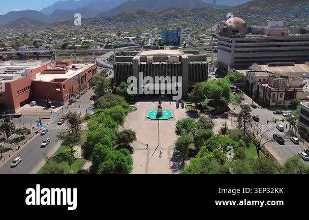 Cinematic 4K aerial drone dolly-in moves toward the Monterrey City Hall ...