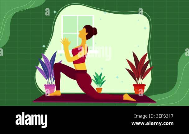 Yoga Time Home Workout Animation with Woman Practicing Low Lunge Pose ...