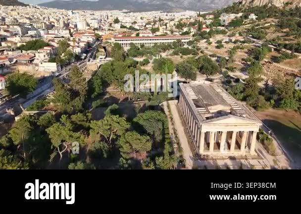 Aerial view of the Temple of Hephaestus and the Stoa of Attalos in the ...