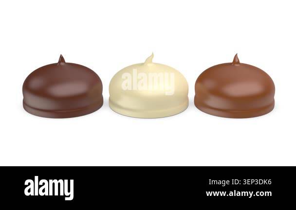 White, milk and dark chocolate coated marshmallows on white background ...