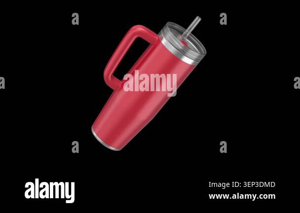 Red insulated stainless steel tumbler with straw and handle on black ...