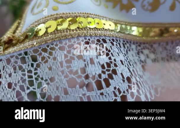Wedding table runner with lace and gold embroidery inside a church ...