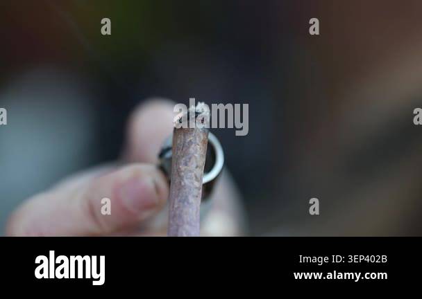 Close-up of a persons hand using a lighter to light up a rolled ...