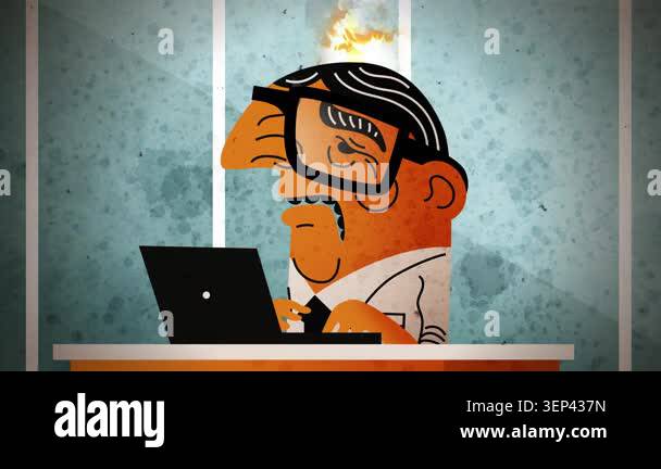 office worker with burnout and flames rising from his head while ...