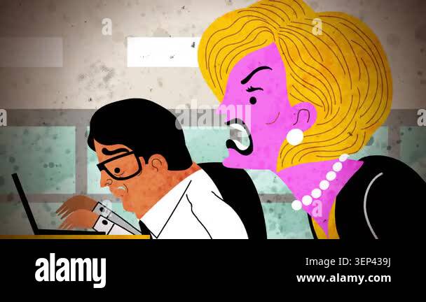 female boss micromanaging a frightened employee at a computer in the ...