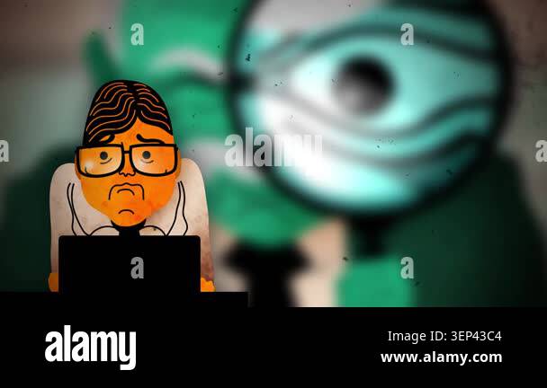 stressed office worker under giant magnifying glass of micromanaging ...