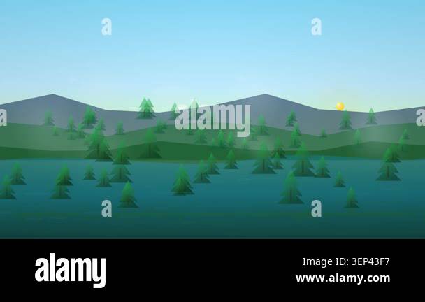 Animated lake and mountain scenery with trees and sun Stock Video ...