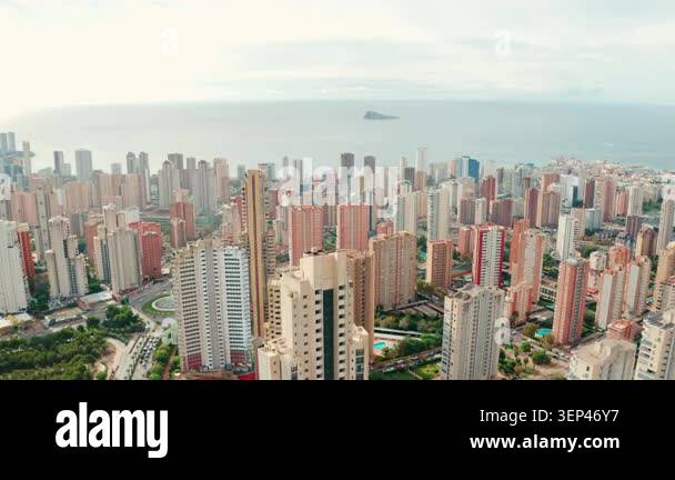 Panoram view of Benidorm showing its tall residential towers, beaches ...