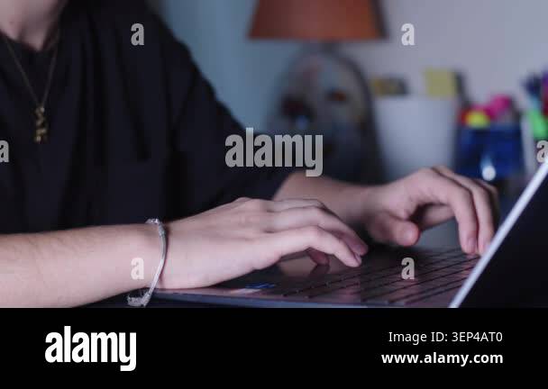 Young Girl Hand is Working on Computer Laptop Studying and Exploring ...