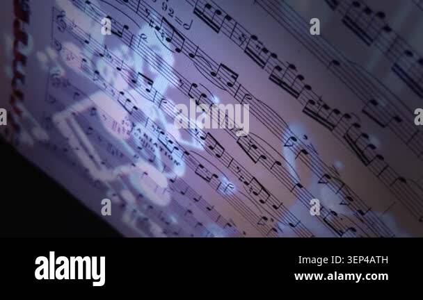 Holographic music notes dancing across classical sheet music, blending ...