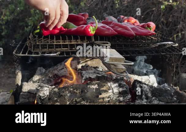 Organic Vegetable Red Peppers Roasted on the Barbecue Stock Video ...