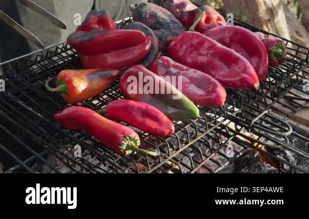 Organic Vegetable Red Peppers Roasted on the Barbecue Stock Video ...