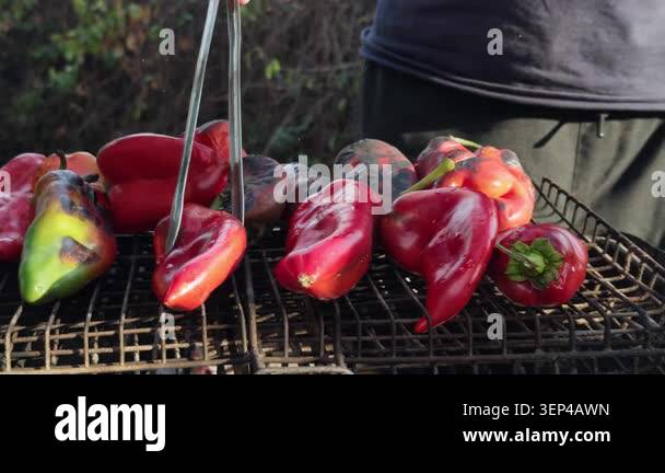 Organic Vegetable Red Peppers Roasted on the Barbecue Stock Video ...