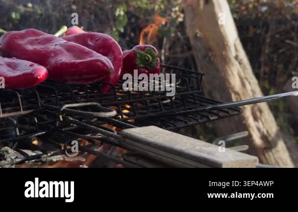 Organic Vegetable Red Peppers Roasted on the Barbecue Stock Video ...