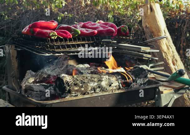 Organic Vegetable Red Peppers Roasted on the Barbecue Stock Video ...