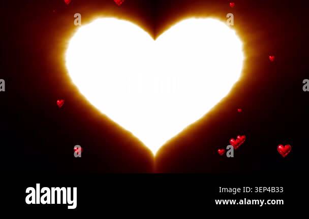 A glowing burning heart pulses at the center while small love particles ...