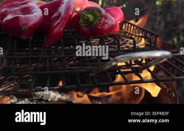 Organic Vegetable Red Peppers Roasted on the Barbecue Stock Video ...