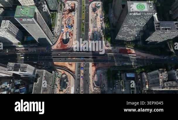 Aerial view of a busy city intersection with ongoing construction and ...