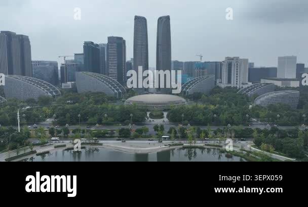 Aerial drone view of a modern city skyline with distinctive twin ...