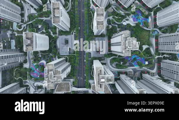 Aerial view of a modern city with high-rise buildings and a central ...