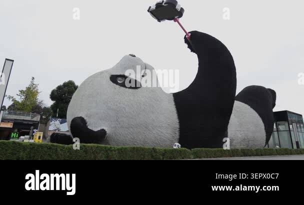 Giant panda sculpture lying down, holding a pink selfie stick with a ...