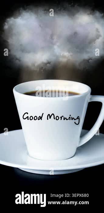 Good Morning Coffee Cup With Steam Cloud Sun Rays And Inspirational ...