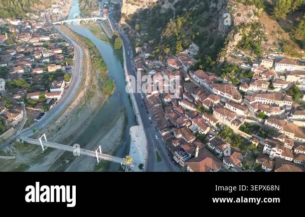 Aerial perspective video of Berat Old town, Albania. Panoramic drone ...