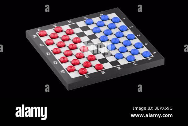 Checkers board with red and blue pieces rotation animation seamlessly ...