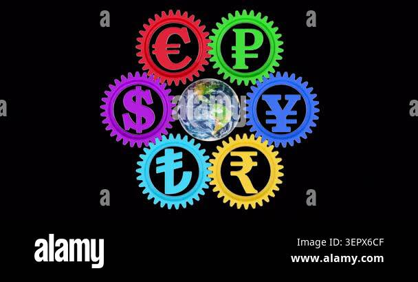 Global currency gears around earth rotation animation seamlessly ...
