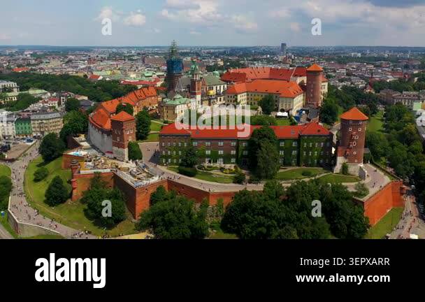 Drone shot of Wawel Castle complex in Krakow Poland sunny day Stock ...