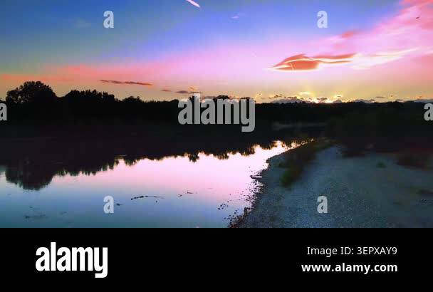 Aerial Drone - Fantastic view of a sunset over the river Stock Video ...