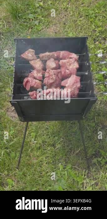 Delicious pork skewers cooking over hot charcoal on a portable mangal ...