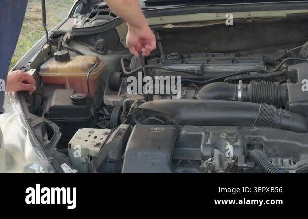 Male hands pulling the dipstick to check the car engine oil level ...