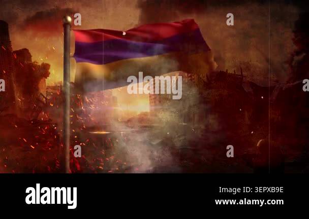 Armenia Flag with Cinematic Apocalypse Scene and Burning City Stock ...