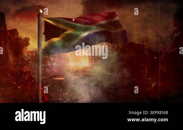 South Africa Flag with Cinematic Apocalypse Scene and Burning City ...