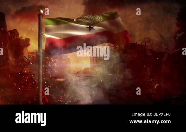 Somaliland Flag with Cinematic Apocalypse Scene and Burning City Stock ...