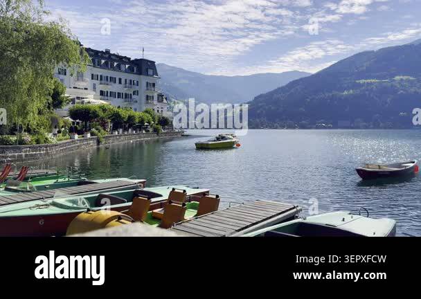 Landscape beauty shot shows a hotel and recreational boating facilities ...