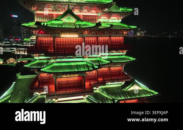 Aerial drone view of Pavilion of Prince Teng illuminating the night ...